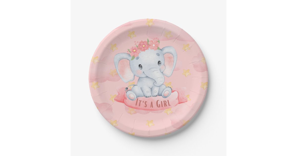 its a girl elephant baby shower party paper plates | Zazzle