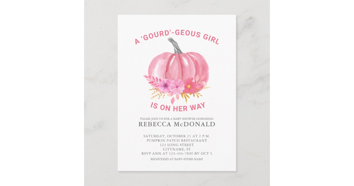 It's a Girl Fun Pun Pink Pumpkin Baby Girl Shower Postcard | Zazzle