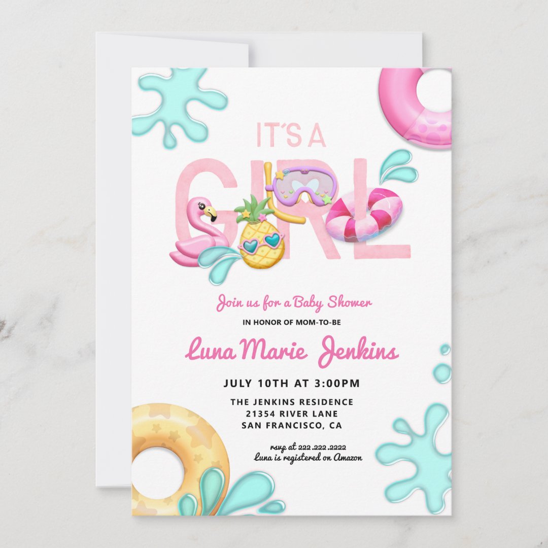 It's a Girl Fun Summer Tropical Pool Baby Shower Invitation | Zazzle