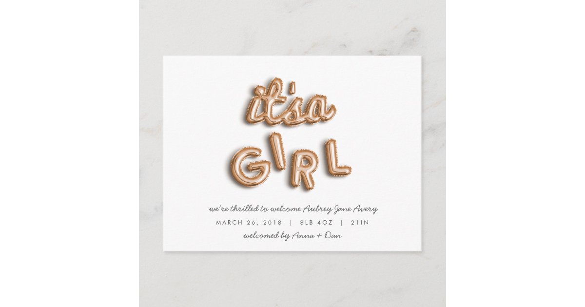ITS a girl! Rose gold postcard. Announcement Postcard | Zazzle
