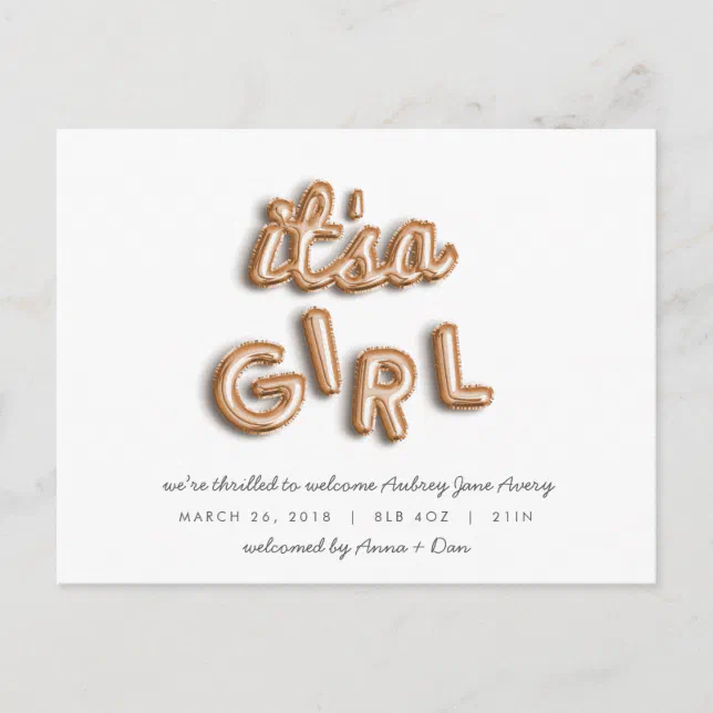 ITS a girl! Rose gold postcard. Announcement Postcard | Zazzle