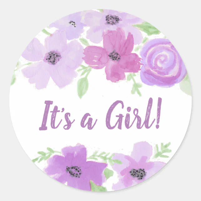 It's a Girl, Watercolor Purple Floral Baby Shower Classic Round Sticker ...