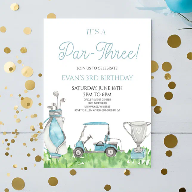 It's A Par-Three! Blue Golf 3rd Birthday Party Invitation | Zazzle