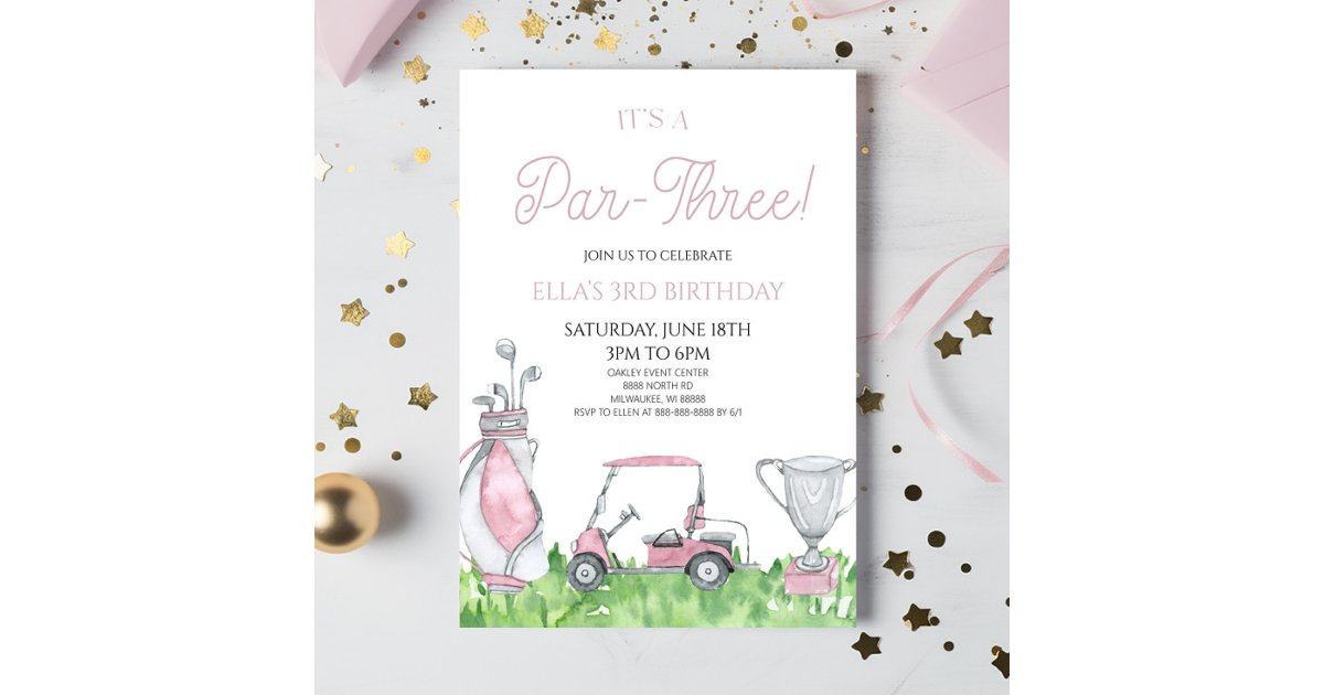 It's A Par-Three! Pink Golf 3rd Birthday Party Invitation | Zazzle