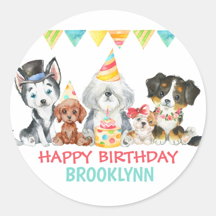 It's a Pawty Puppy Party Happy Birthday Classic Round Sticker | Zazzle