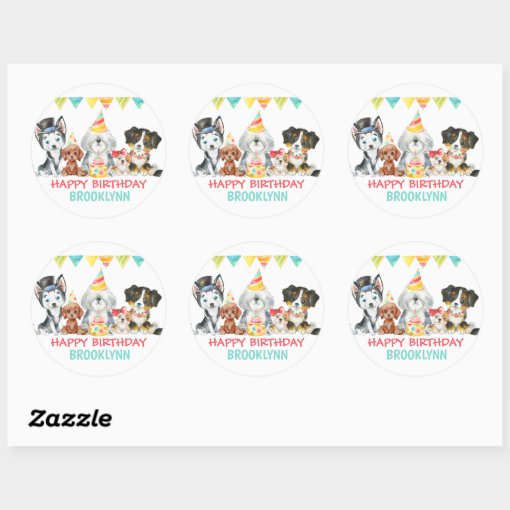 It's a Pawty Puppy Party Happy Birthday Classic Round Sticker | Zazzle