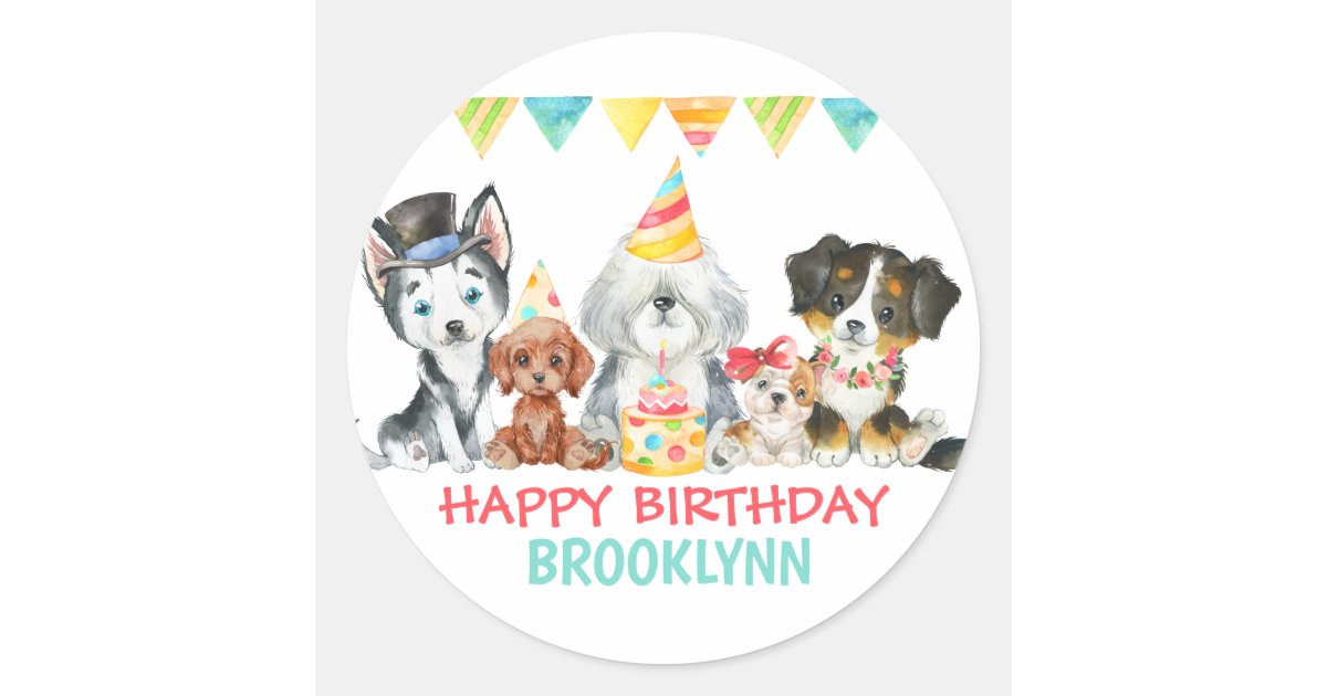 It's a Pawty Puppy Party Happy Birthday Classic Round Sticker | Zazzle