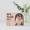 It's back on blush red script photo save the date postcard | Zazzle