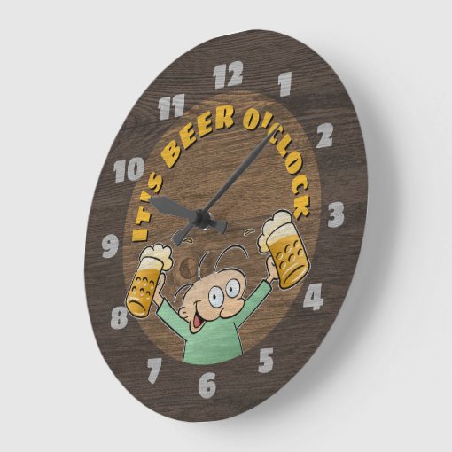 It's Beer O'Clock Dark Wood Texture Cartoon Pints Large Clock | Zazzle
