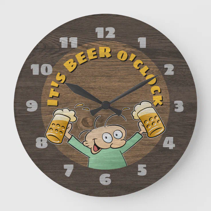 It's Beer O'Clock Dark Wood Texture Cartoon Pints Large Clock | Zazzle