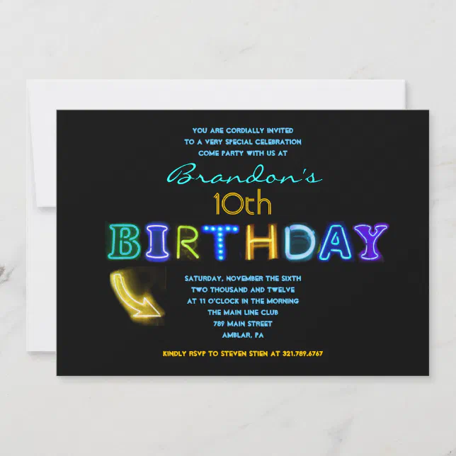 IT'S ELECTRIC! Neon 10th Birthday Party Invite | Zazzle