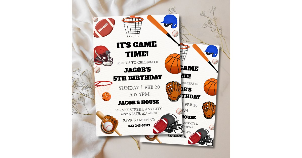 It's Game Time!" All-Star Sports 5th Birthday Invitation | Zazzle