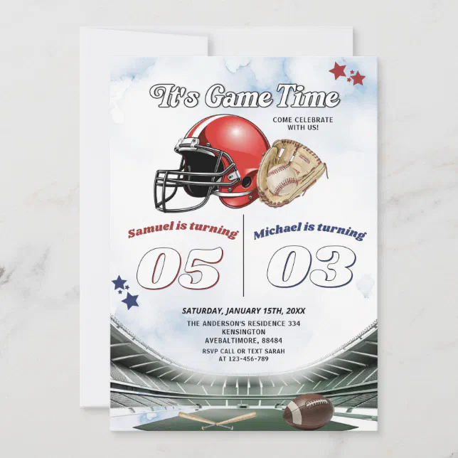 It's Game Time Football & Baseball Joint Birthday Invitation | Zazzle