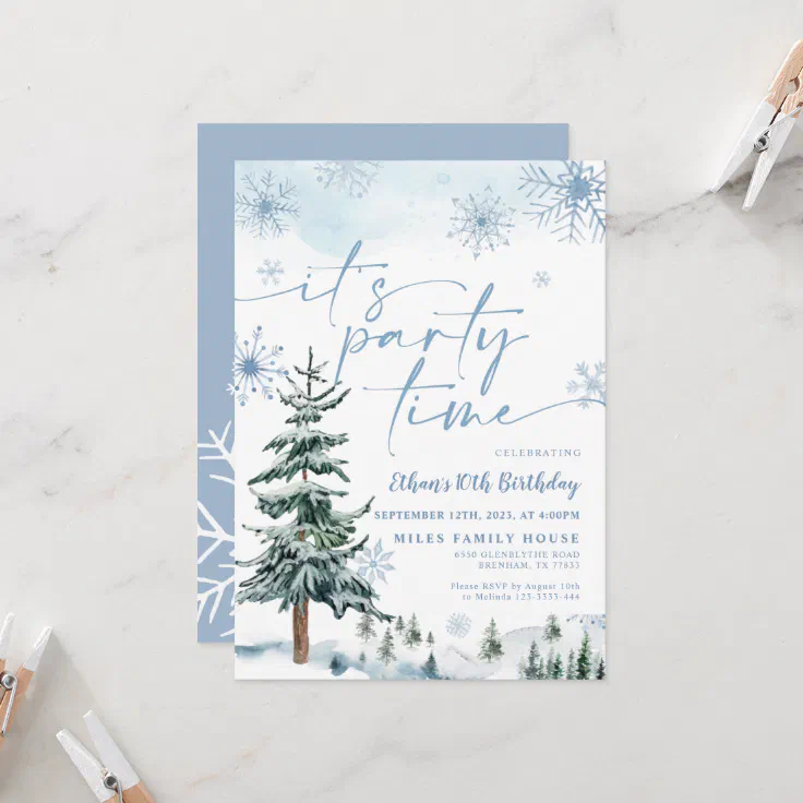 It's party time, blue winter birthday invitation | Zazzle