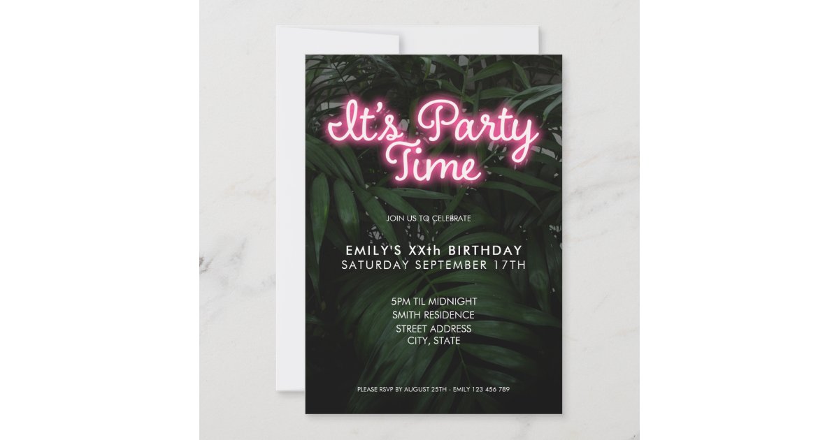 It's Party Time Modern Neon Birthday Invitation | Zazzle