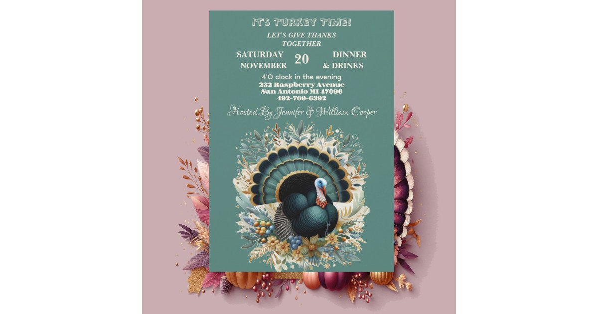 Its Turkey Time Thanksgiving Floral Green Autumn Invitation | Zazzle