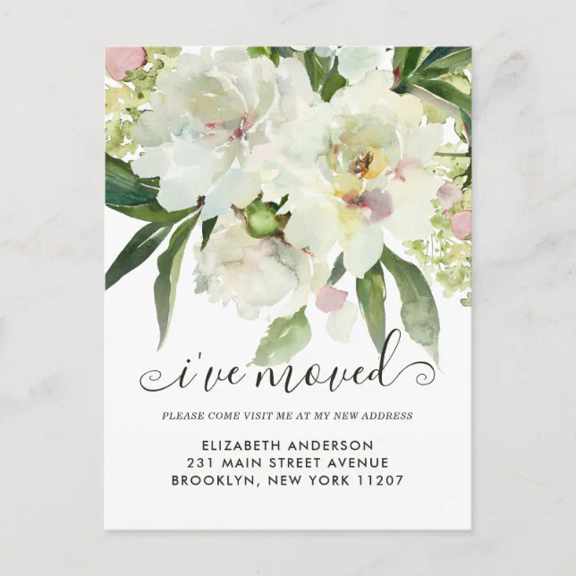 I've Moved Elegant Floral Botanical Peony Moving Announcement Postcard ...