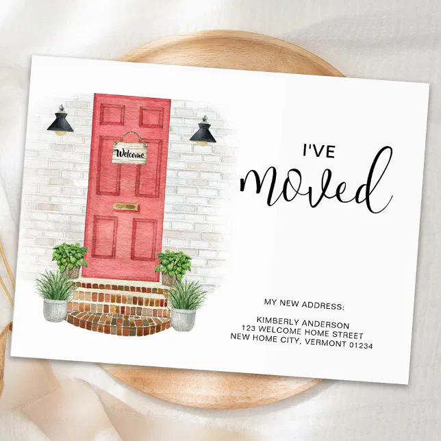 I've Moved New Address Watercolor Red Front Door Announcement Postcard | Zazzle