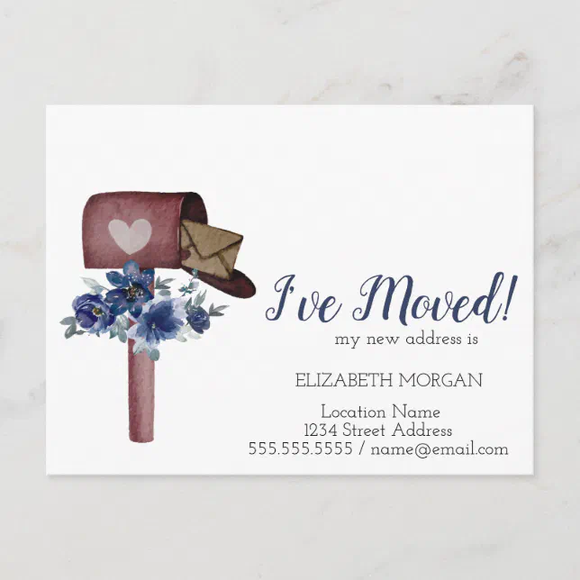 I've Moved,Watercolor Mailbox Blue Flowers Announcement Postcard | Zazzle