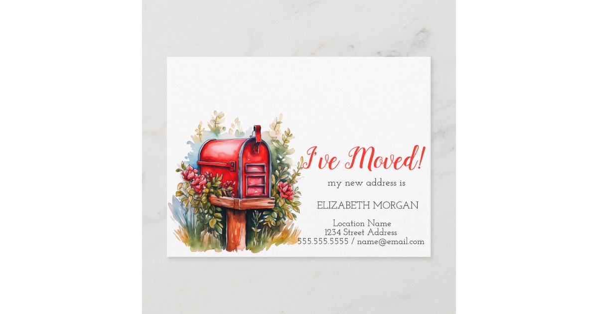 I've Moved,Watercolor Mailbox Red Flowers Announcement Postcard | Zazzle