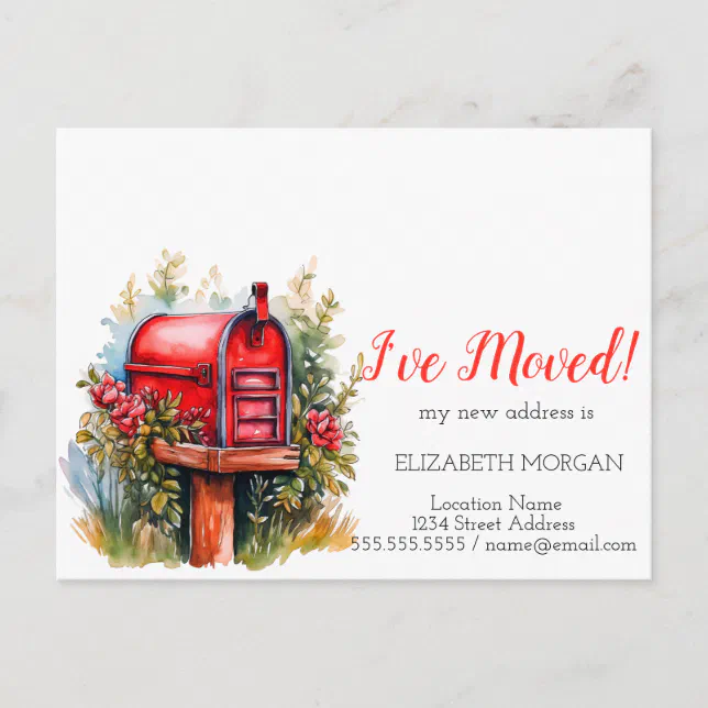 I've Moved,Watercolor Mailbox Red Flowers Announcement Postcard | Zazzle