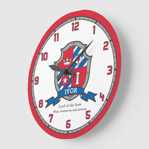 Ivor boys name meaning knights bird crest large clock | Zazzle