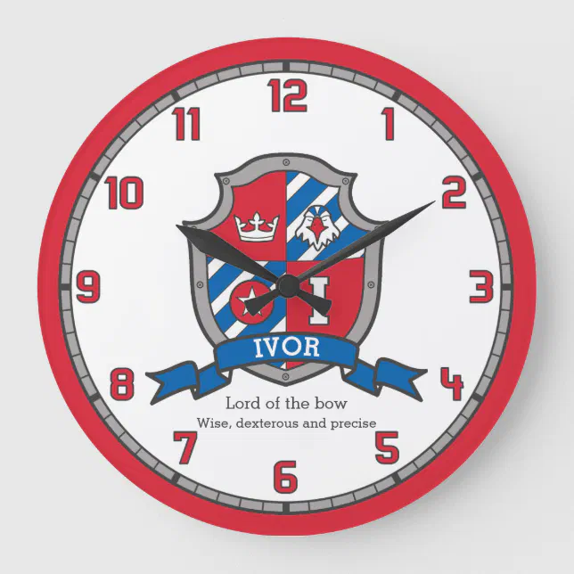 Ivor boys name meaning knights bird crest large clock | Zazzle