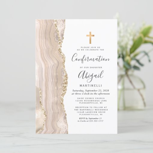 Ivory Agate Gold Glitter Confirmation Invitation | Zazzle