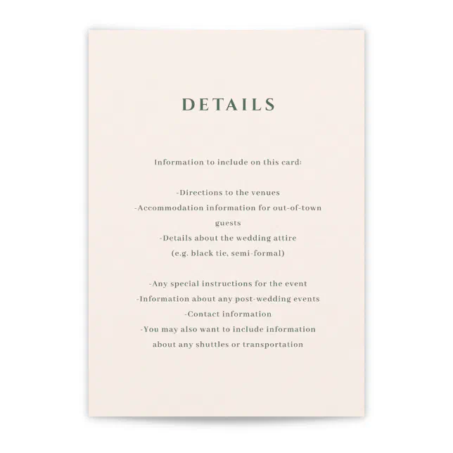 Ivory and Evergreen Wedding Details Enclosure Card | Zazzle