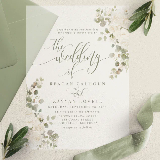 Ivory And Sage Chic Script Elegant Floral Wedding Vellum Invitations ...