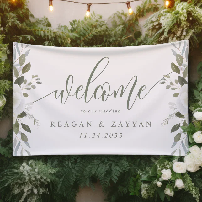 Ivory And Sage Elegant Floral Wedding Welcome Banner | Zazzle