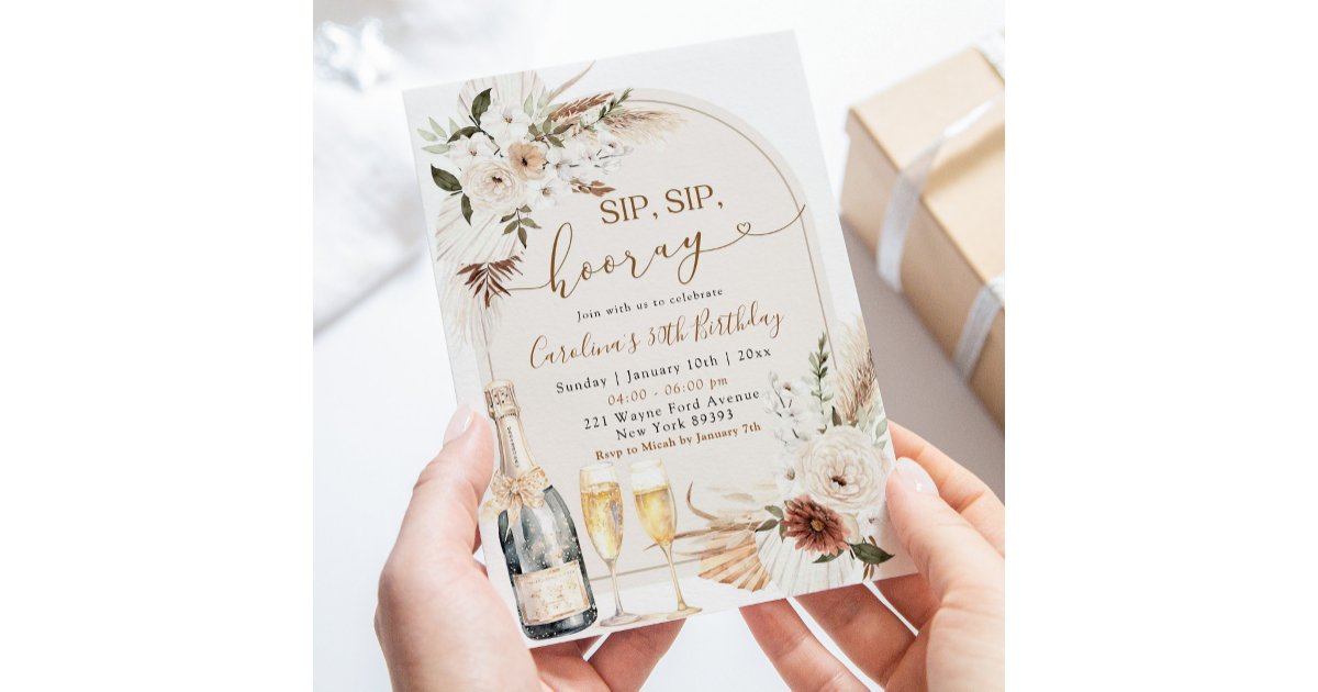 Ivory Beige Boho Floral Sip Sip Hooray Birthday Invitation | Zazzle