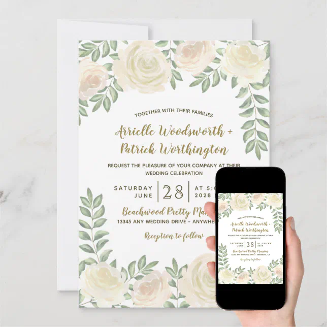 Ivory Blush Champagne Floral Wedding Invitations | Zazzle