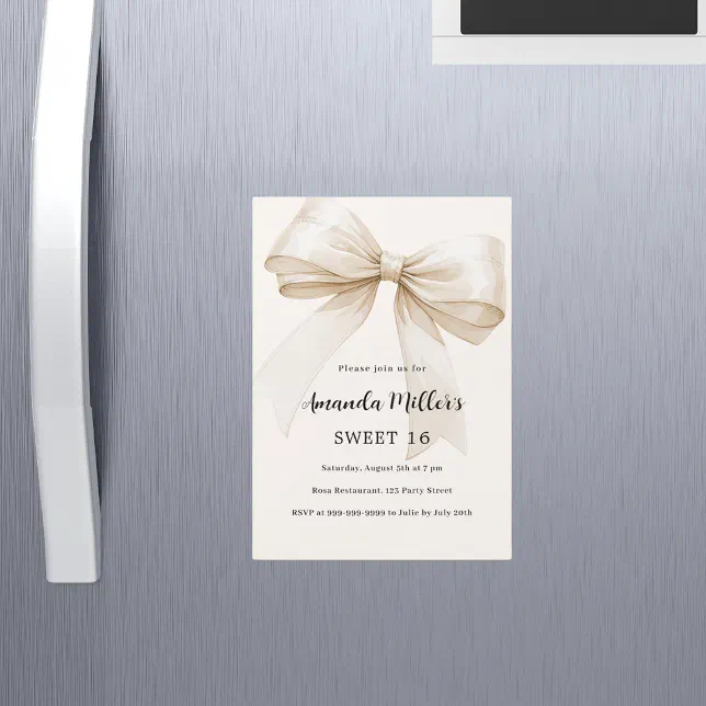 Ivory bow elegant Sweet 16 luxury Magnetic Invitation | Zazzle