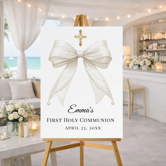 Ivory bow pearls First Holy Communion welcome Foam Board | Zazzle
