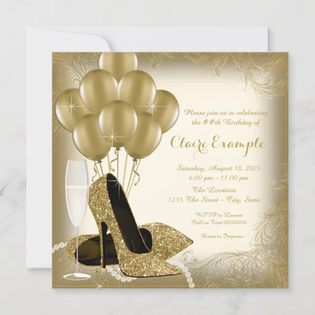 Ivory Cream and Gold Glitter Womans Birthday Party Invitation | Zazzle