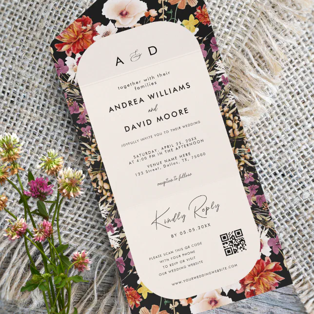Ivory Fall Wildflowers Botanical QR Code Wedding All In One Invitation ...