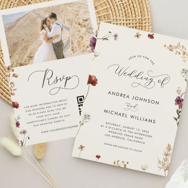 Ivory Fall Wildflowers QR Code Autumn Wedding Of Invitation | Zazzle