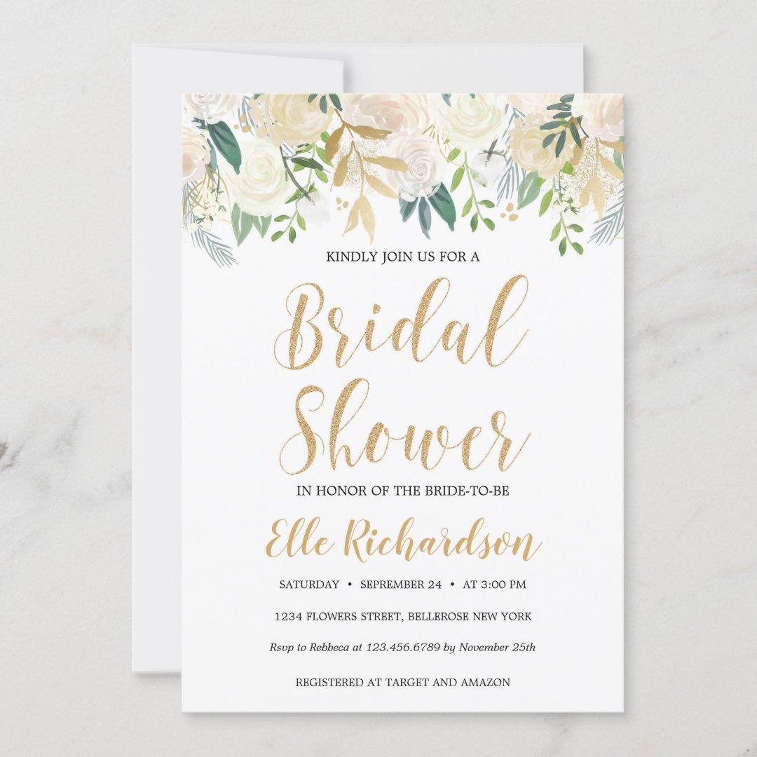 Ivory Floral Gold Glitter Cream Boho Bridal Shower Invitation Zazzle