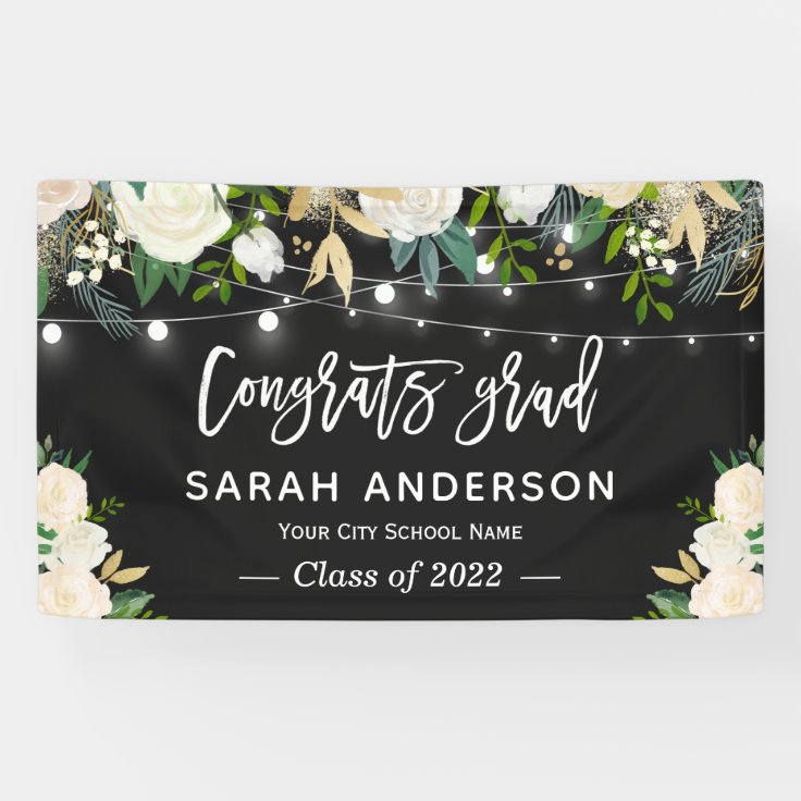 Ivory Floral String Lights Graduate Graduation Banner | Zazzle