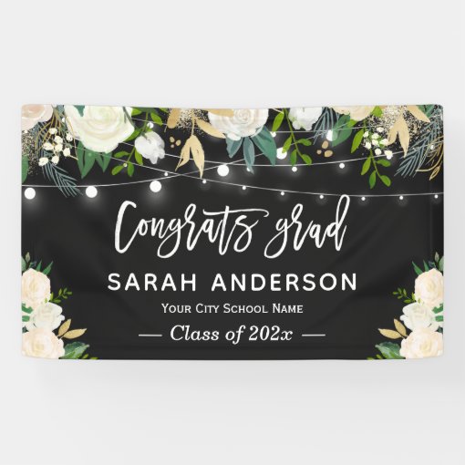 Ivory Floral String Lights Graduate Graduation Banner | Zazzle