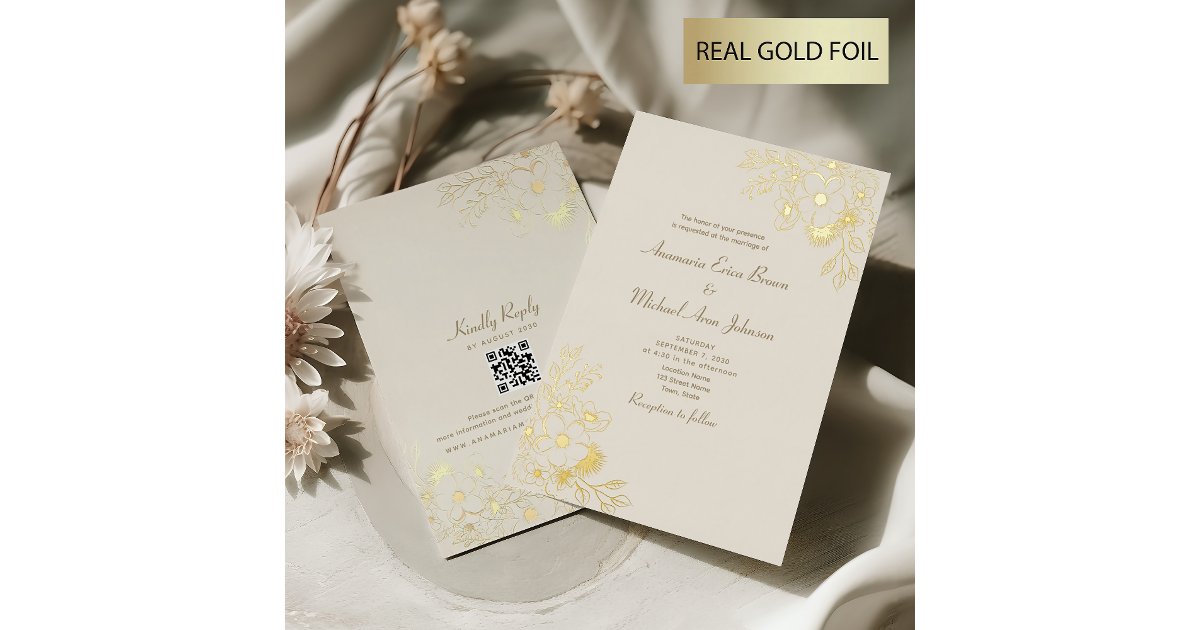 Ivory Floral Wedding Gold Foil Invitation | Zazzle