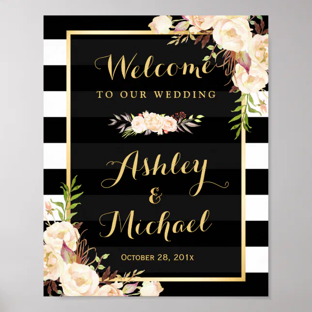 Ivory Flowers Black White Stripe Wedding Sign | Zazzle