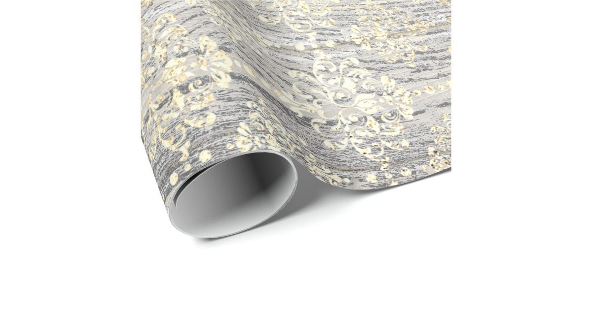 Ivory Foxier Metallic Damask Gold Wood Rustic Wrapping Paper | Zazzle