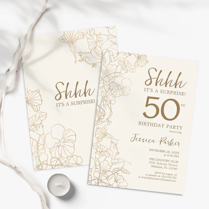 Ivory Gold Botanical Surprise 50th Birthday Invitation | Zazzle