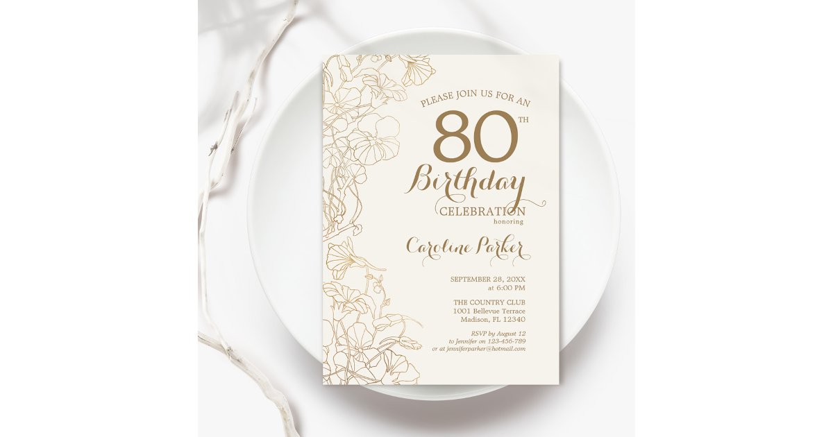 Ivory Gold Floral 80th Birthday Party Invitation | Zazzle
