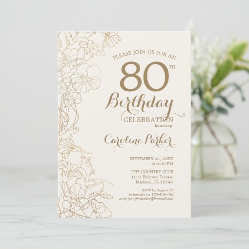 Ivory Gold Floral 80th Birthday Party Invitation | Zazzle