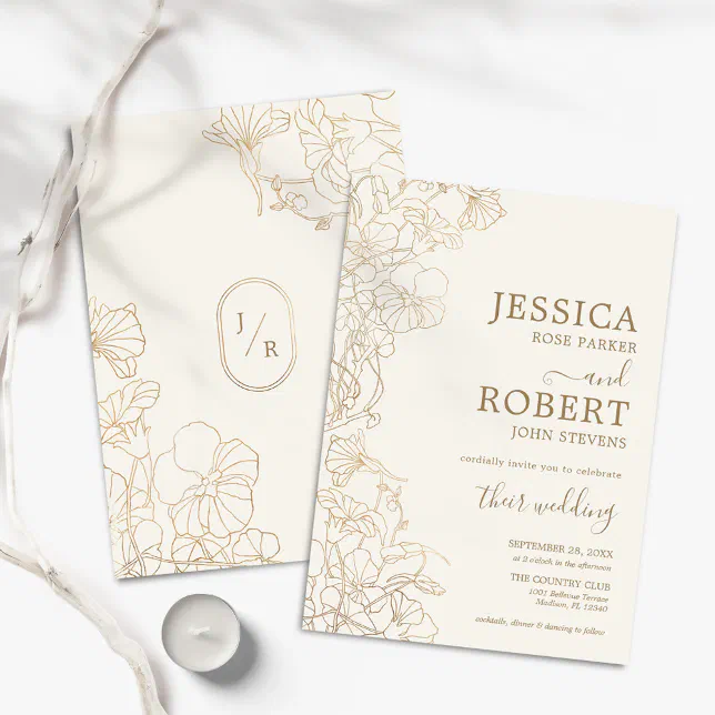 Ivory Gold Floral Wedding Invitation | Zazzle