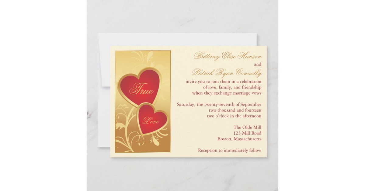 Ivory, Gold, Red Hearts Wedding Invitation | Zazzle