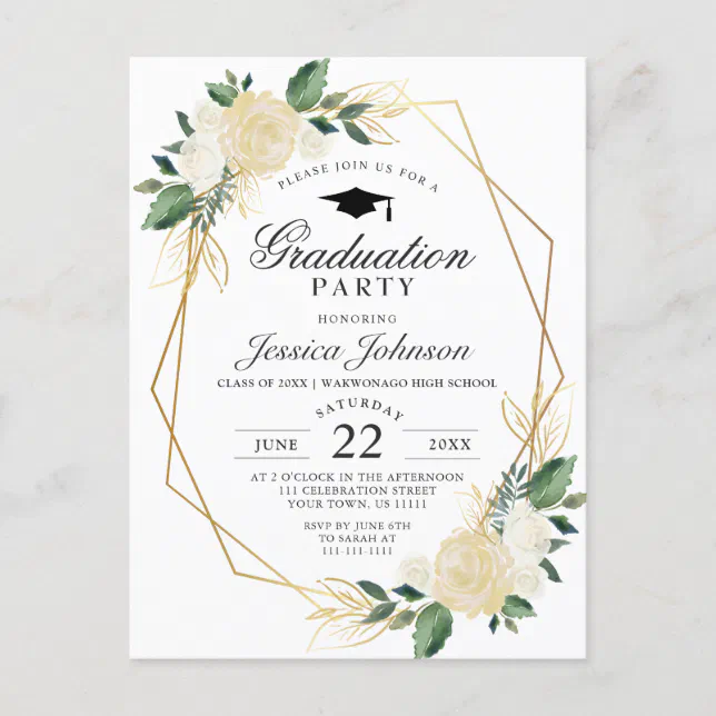 Ivory Golden Floral Graduation Party Invitation Postcard | Zazzle